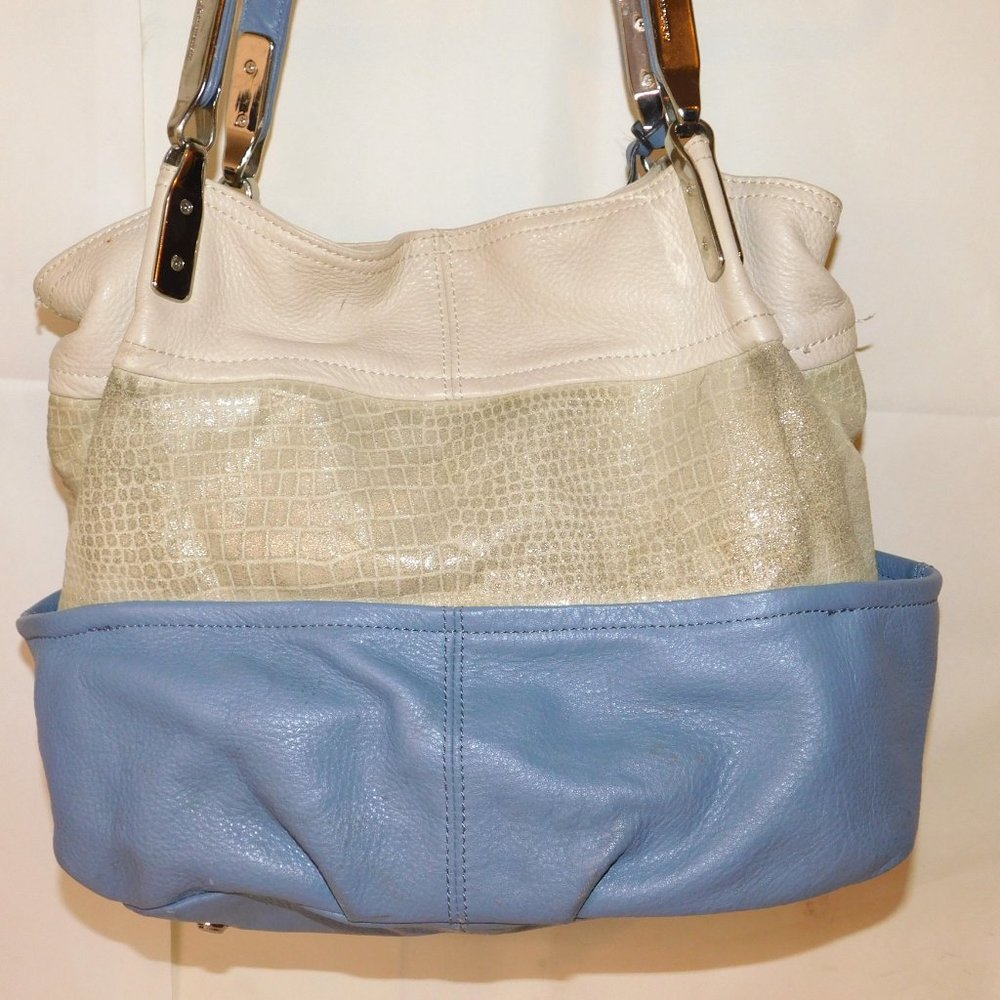 B. Makowski Blue, Silver & Beige Leather Handbag Purs… - Gem